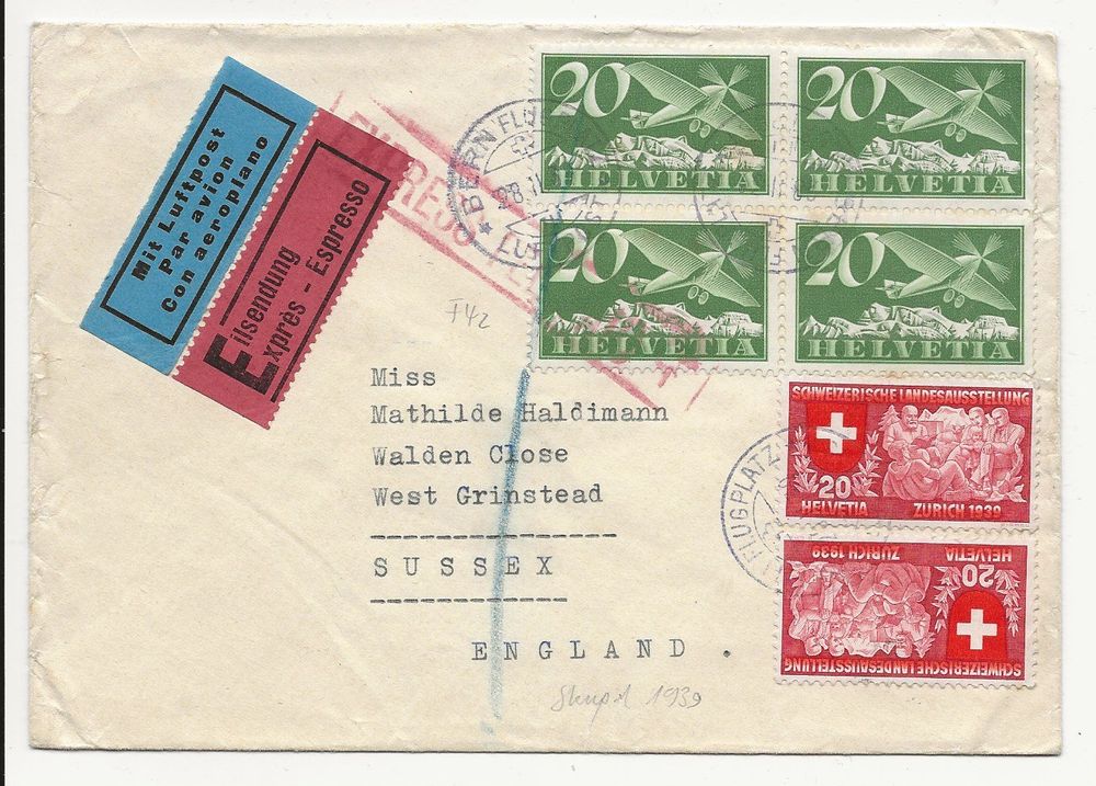 BRIEFUMSCHLAG ( FLUGPOST EXPRESS) 1939 (Gebraucht) in Küttigen für CHF 4 – mit Lieferung auf ...