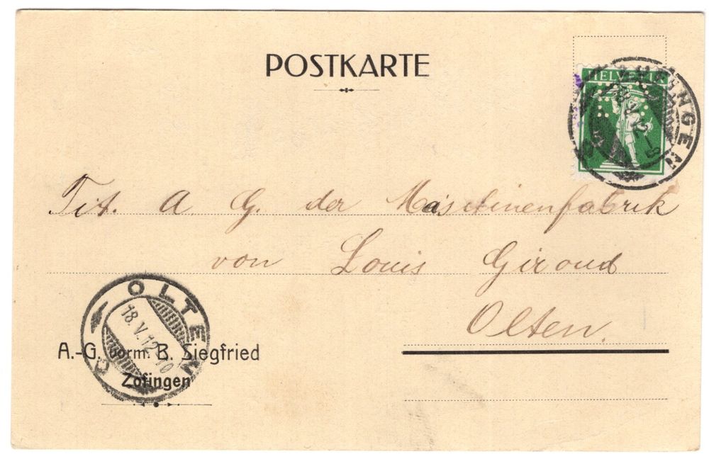 5 Rp. Tellknabe mit Rollenmarke-PERFIN auf Beleg v. ZOFINGEN (Gebraucht) in Eglisau für CHF 2 ...