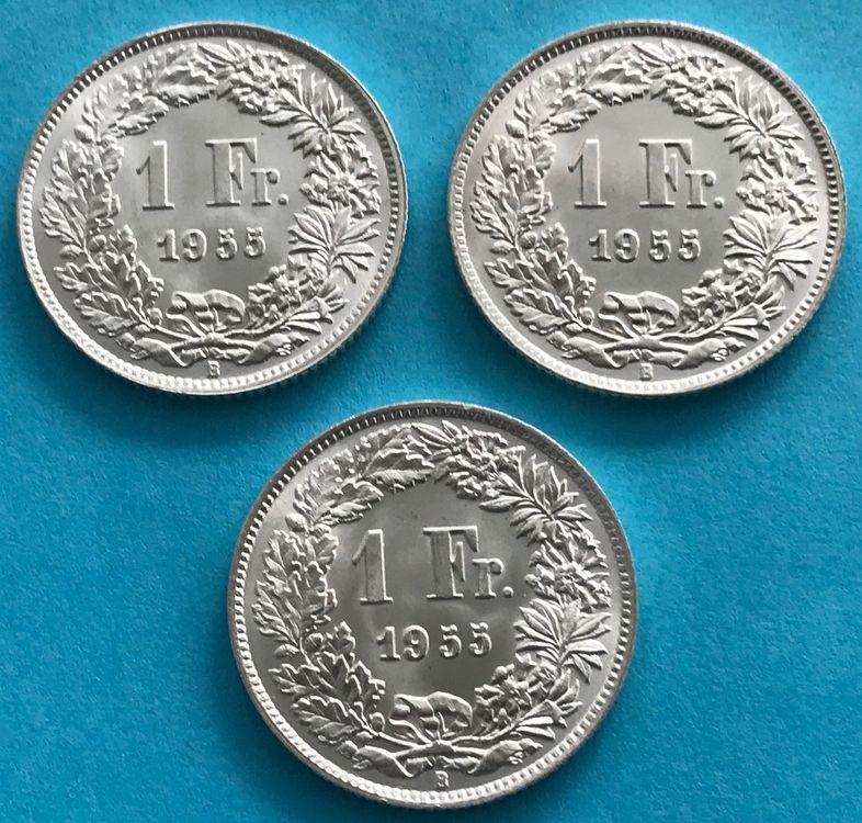 3 sehr schöne unzirkulierte 1 Franken-Silber-Münzen 1955 (Neu (gemäss Beschreibung)) in Zürich ...