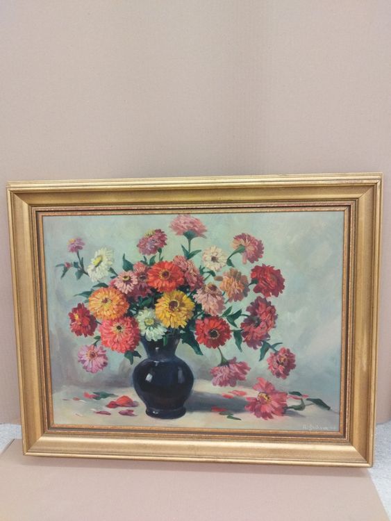 Blumen-Ölgemälde A. Grüner 47 gerahmt Zinnien (Gebraucht) in Hombrechtikon für CHF 55 – nur ...