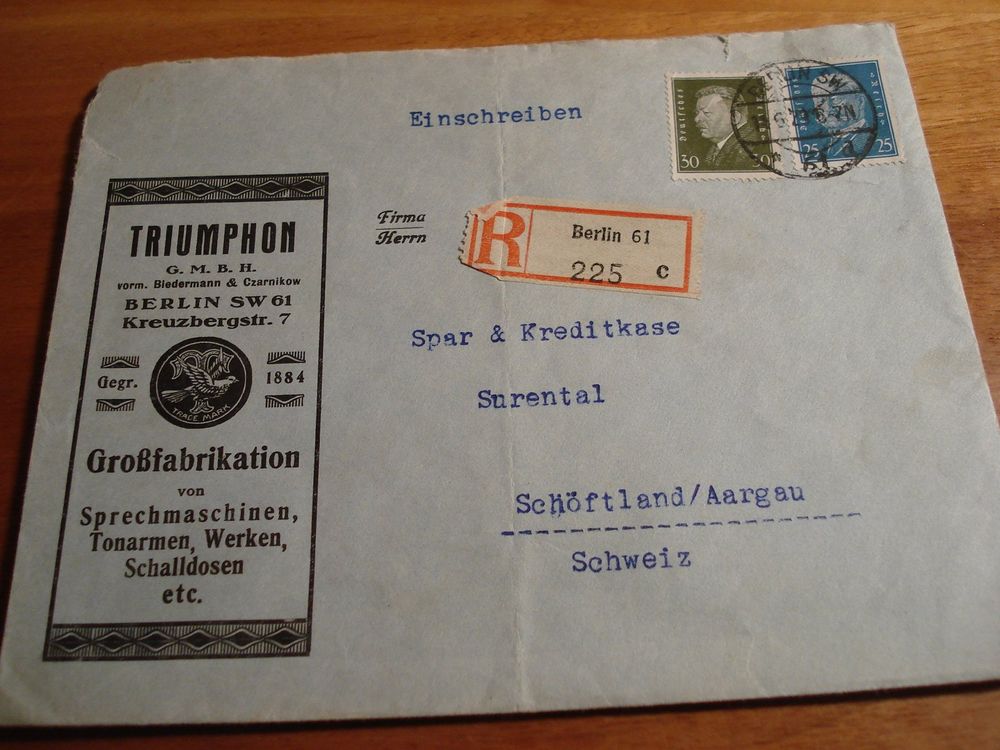 R-Brief Dt Reich, 1929, Triumphon, FabrikationSprechmaschine | Kaufen auf Ricardo