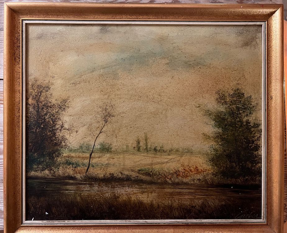 Ölbild 'Landschaft mit Bäumen und Flusslauf' auf Holz gemalt (Gebraucht) in Biembach im Emmental ...