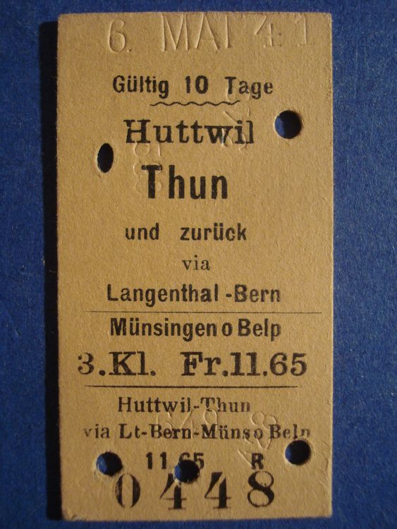 SBB - BLS - 6.5.1941 - HUTTWIL - THUN - 3.Klasse (Gebraucht) in Biel/Bienne für CHF 22 – mit ...