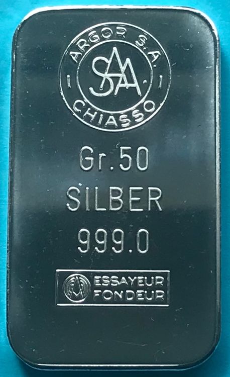 sehr schöner 50 Gramm Silberbarren 999.0 Silber ARGOR S.A. (Neu (gemäss ...
