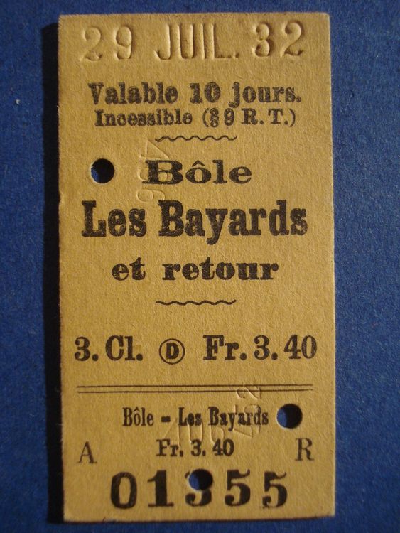 SBB - 29.7.1932 - BÔLE - LES BAYARDS - 3.Classe (Gebraucht) in Biel/Bienne für CHF 65 – mit ...