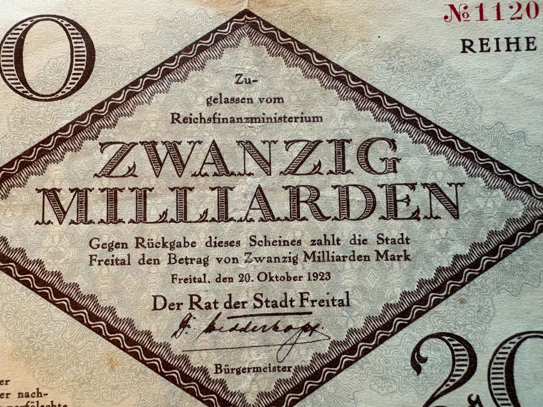 Antiker 20 Milliarden-Mark Schein, deutsches Reich, 1923 (Gebraucht) in ...