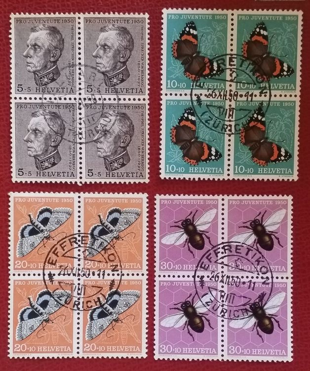 1950 Satz Pro Juventute, im 4-Block Zentrische Stempel (Neu (gemäss Beschreibung)) in Baden für ...