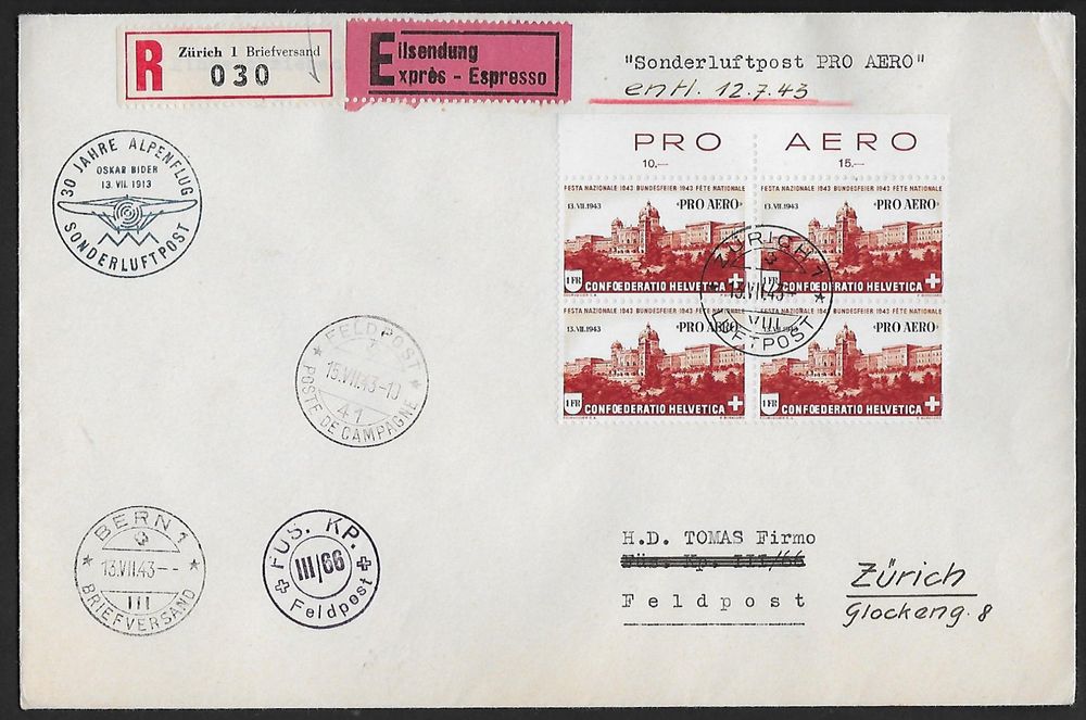 1943 R/Ex. Brief Luftpost Pro Aero Zürich-Bern 4erBl. ab 1.- | Kaufen auf Ricardo