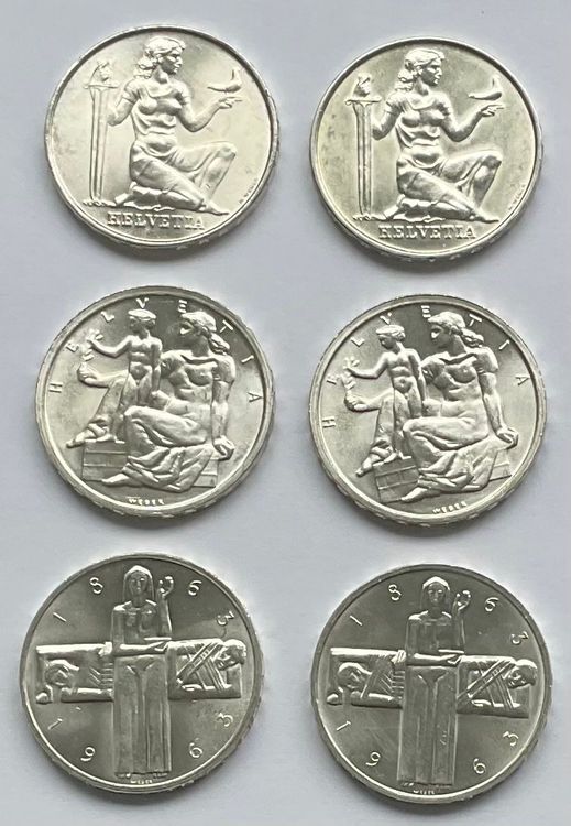 6 Schweizer 5 Franken-Silber-Gedenkmünzen 1936/1948/1963 (Gebraucht) in Zuerich für CHF 68 – mit ...