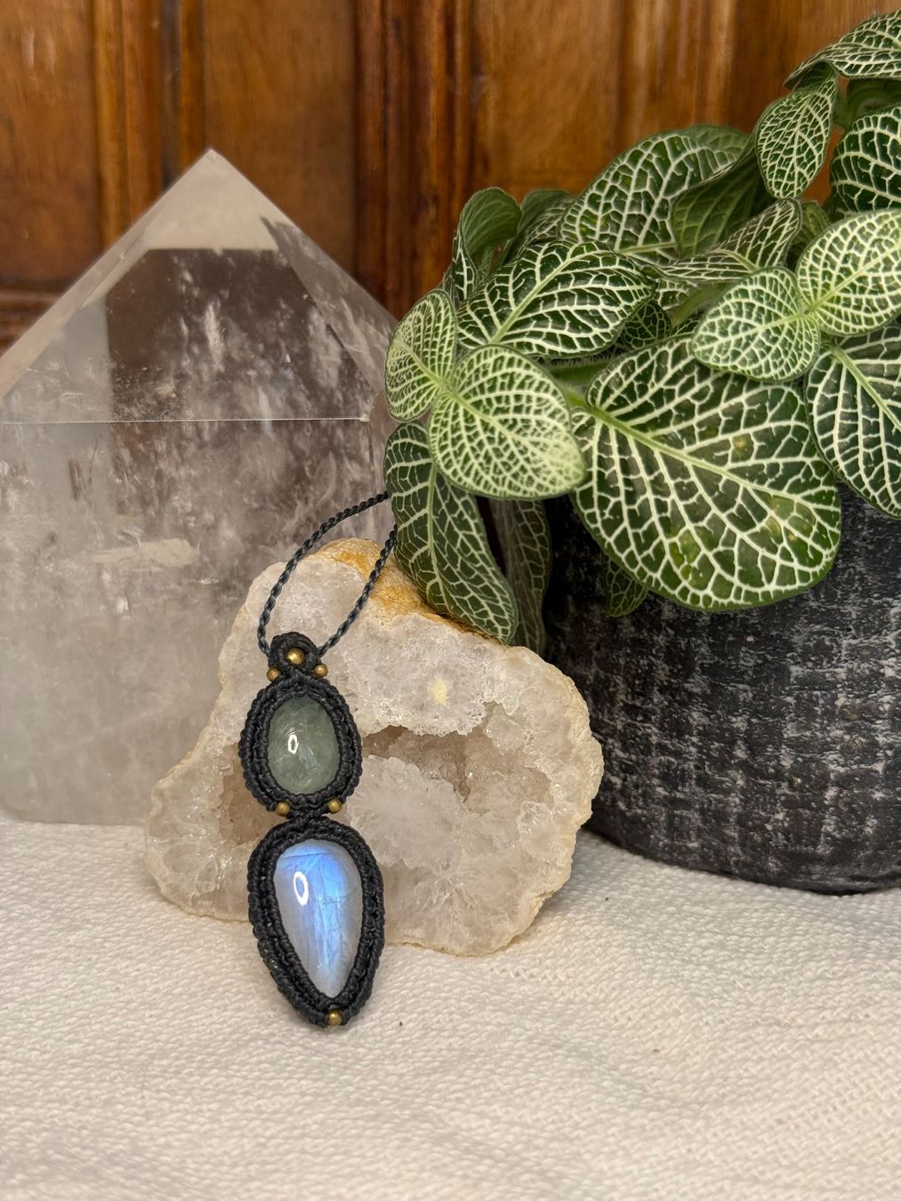 collier macramé- Aigue marine et pierre de lune - hand made (Neu und ...