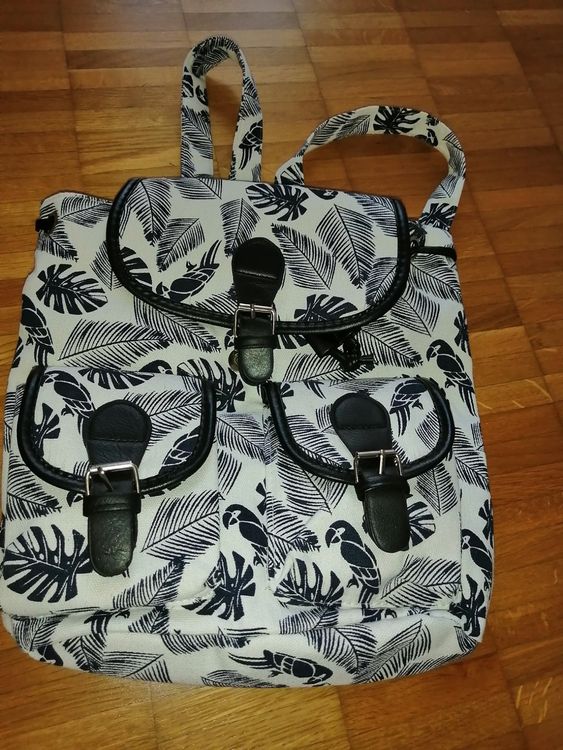 Stoff-Rucksack " Monstera" dunkelblau/ weiss (Neu (gemäss Beschreibung ...