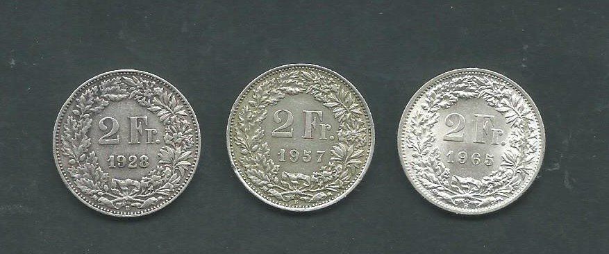 3 Silbermünzen 2.-Franken 1928, 1957, 1965 (Gebraucht) in Mönchaltorf für CHF 17 – mit Lieferung ...