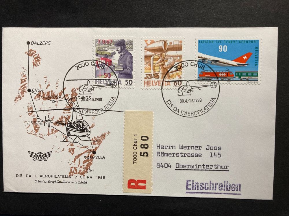 Schweiz 1988 R-Brief Tag d. Aerophilatelie Chur (Gebraucht) in Liestal für CHF 2 – mit Lieferung ...