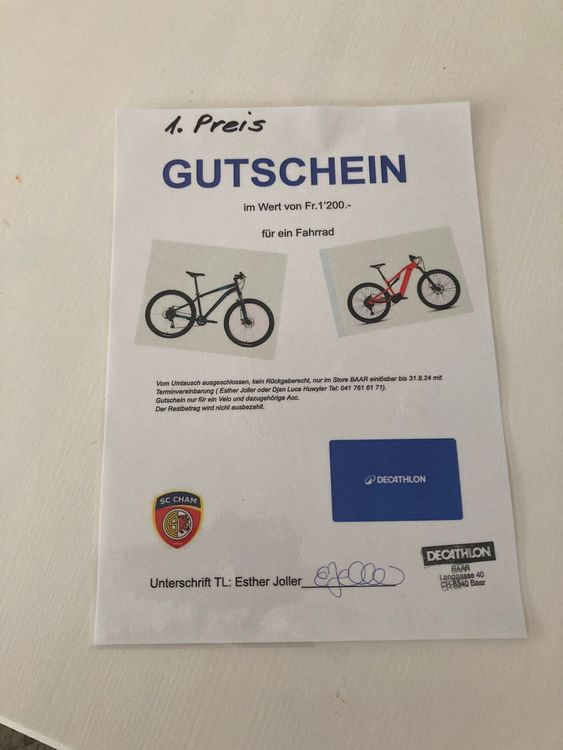 CHF 1200 - Decathlon Gutschein Fahrrad (Neu (gemäss Beschreibung)) in Steinhausen für CHF 800 ...