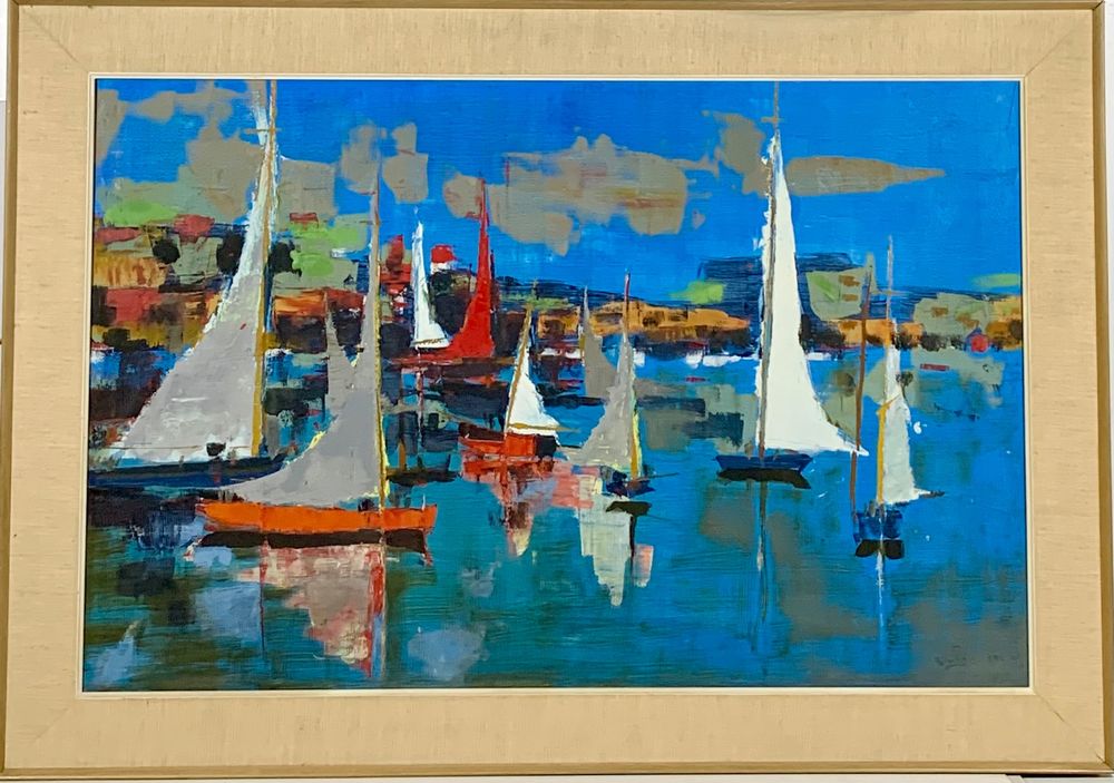 Vincent Fäy grosses Gemälde Paris 1960 mit Segelboote (Gebraucht) in ...