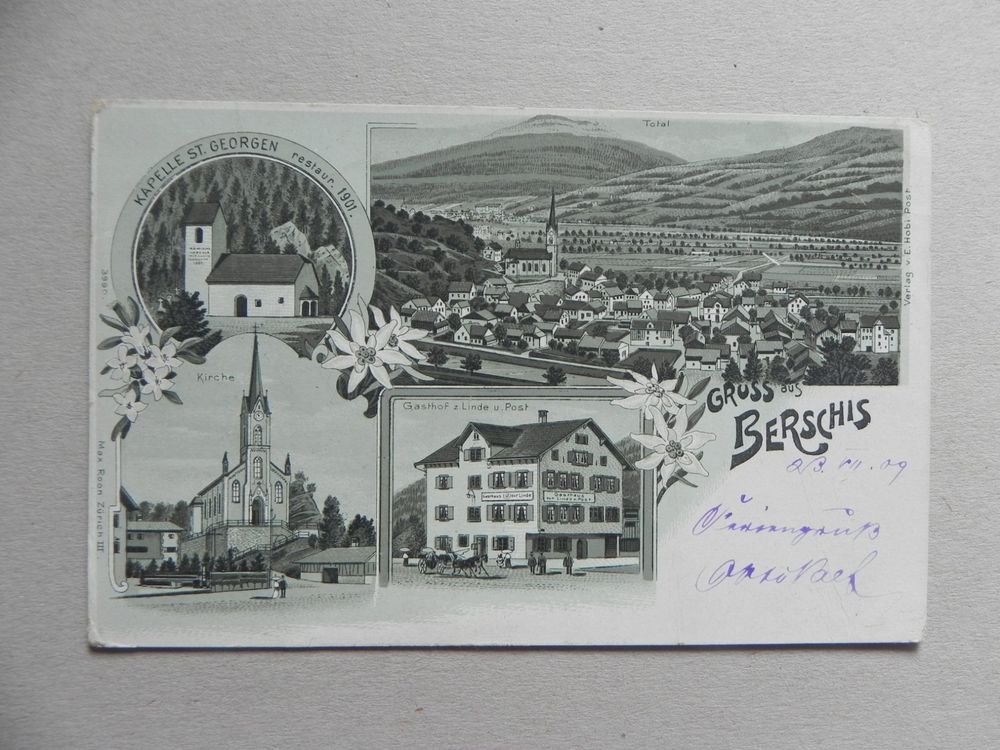 Litho Karte Berschis SG St.Gallen 1909 Gasthof Linde & Post | Kaufen auf Ricardo