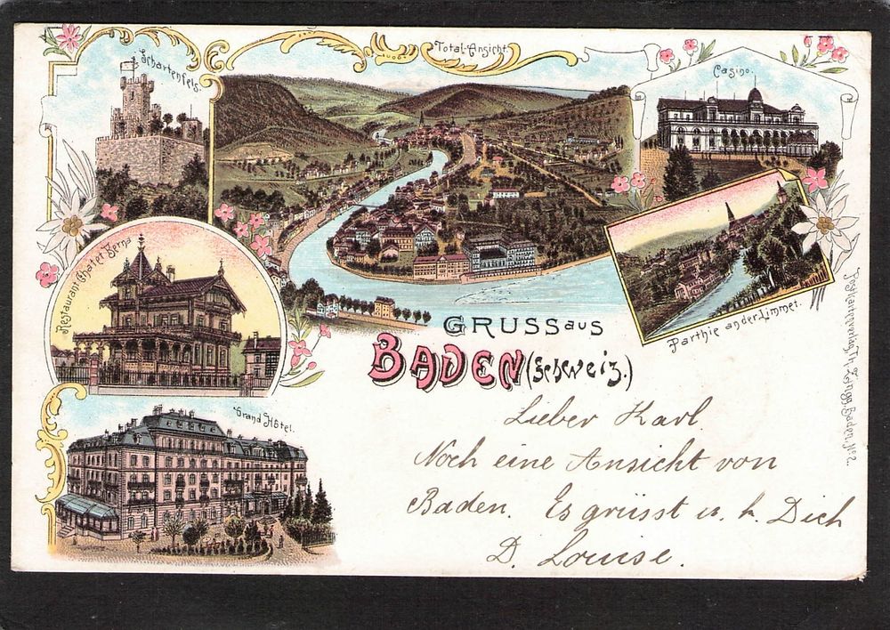 #Lithografie Baden AG , 6 bild , gel. 1899 (Gebraucht) in Reichenburg ...