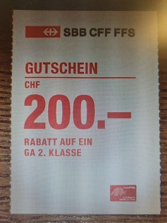 SBB Gutschein für 2.Klasse GA 200.- Rabatt | Kaufen auf Ricardo