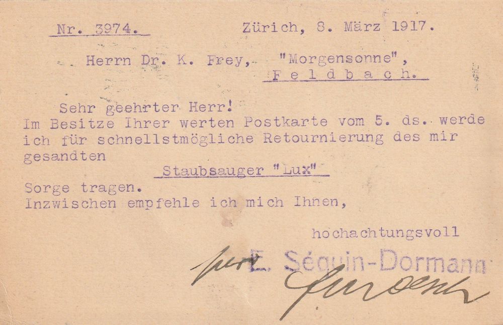 Vignette Küchen Sequin Zürich auf 5 Rp. GS-Pk (Gebraucht) in ...