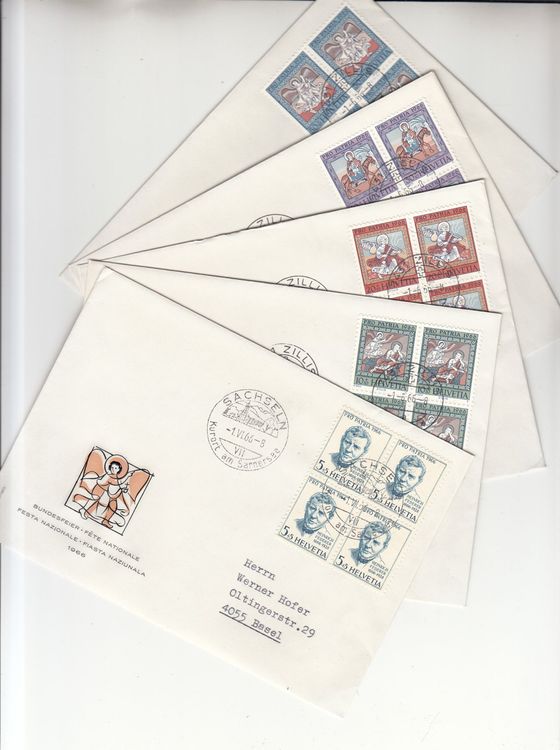 SBK B128 - B132 im 4er-Block FDC Ortsstempel (Gebraucht) in Bürglen TG für CHF 2 – mit Lieferung ...