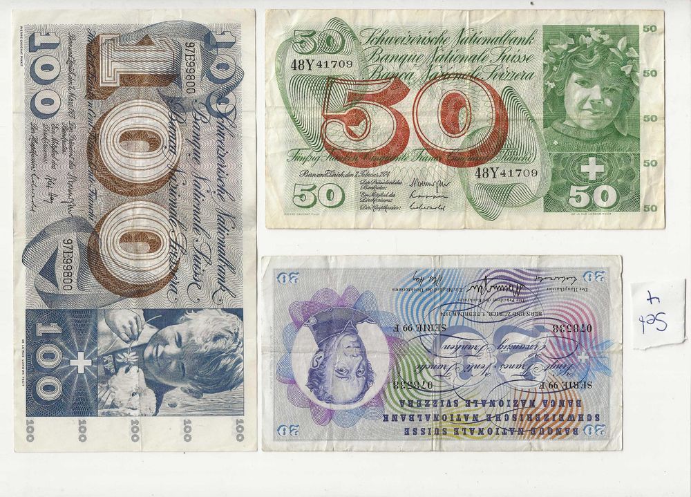 4 alte Schweizer Banknoten (Set 4)100 50 20 10 Franken Noten (D ...