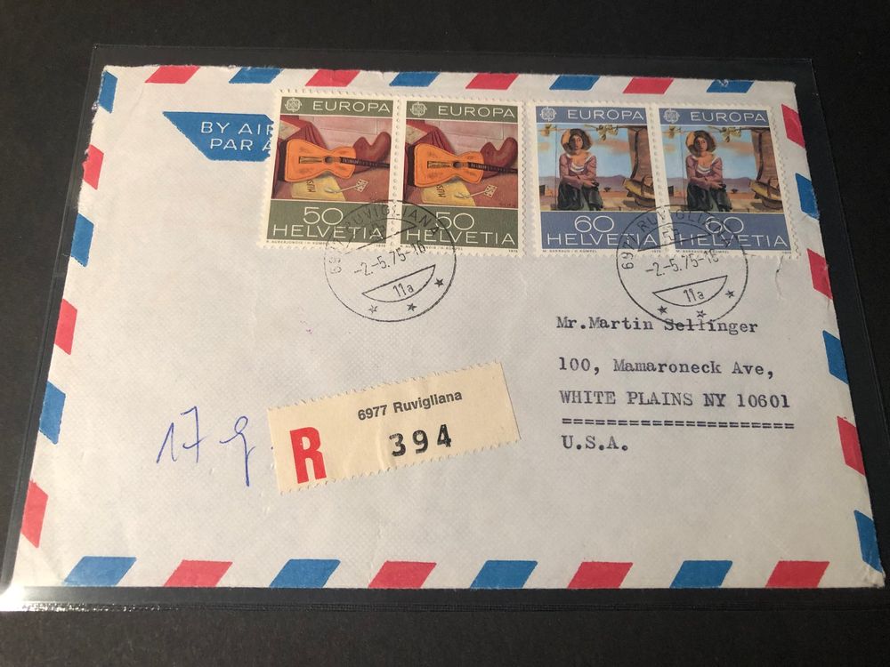 Luftpost R-Brief 1975 von Ruvigliana (Ti) nach NY USA (Gebraucht) in Basel für CHF 5 – mit ...