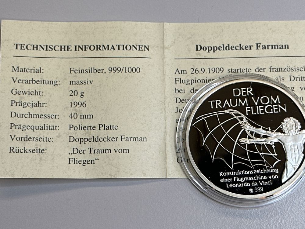 Medaille Silber 999 20g Der Traum vom Fliegen Doppeldecker (Neu und originalverpackt) in Herisau ...