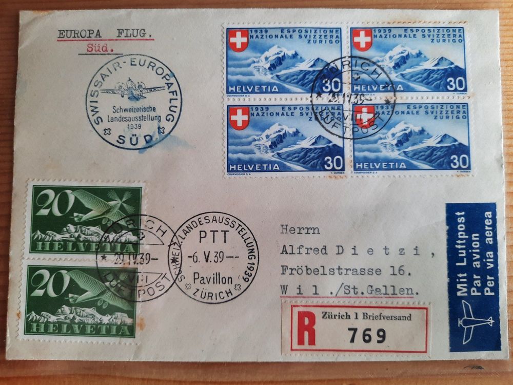 Swissair-Europaflug Süd 1939 R-Briefmit Vignette gem.Bilder | Kaufen auf Ricardo