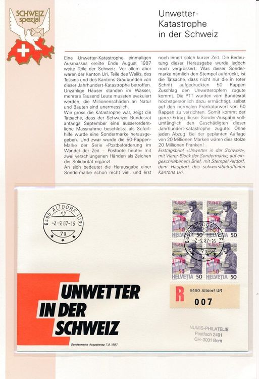 Unwetter in der Schweiz FDC 66 / 7.9.87 (Neu (gemäss Beschreibung)) in St. Gallen für CHF 4 ...