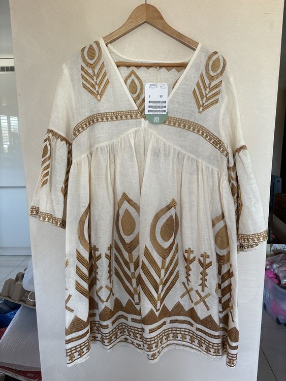 Boho Kleid Leinen bestickt beige gold Gr. M neu Greek Archäa (Neu und ...