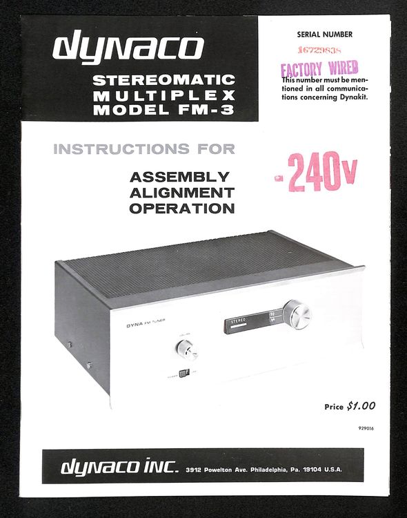 Dynaco STEREOMATIC MULTIPLEX MODEL FM-3 Instruction Brochure (Neu ...