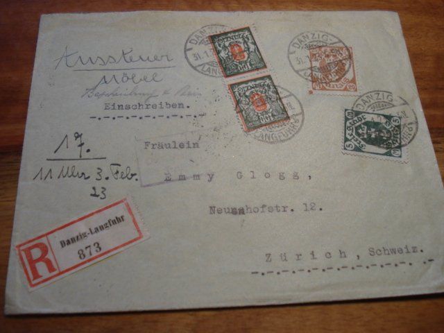 R-Brief Danzig-SChweiz, 1923, bunt frankiert (Gebraucht) in Niederwil AG für CHF 3 – mit ...