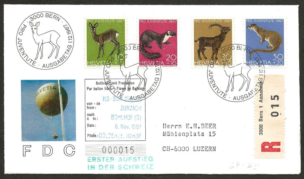 Ballon Schweiz 1967 FDC Bern Zurzach Deutschland Luftpost (Gebraucht) in Au ZH für CHF 1 – mit ...