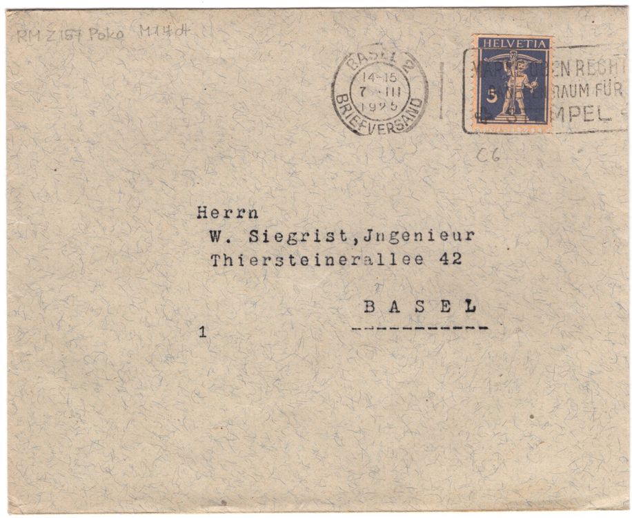 5 Rp. Tellknabe mit Rollenmarke-PERFIN auf Beleg von BASEL (Gebraucht) in Eglisau für CHF 2 ...