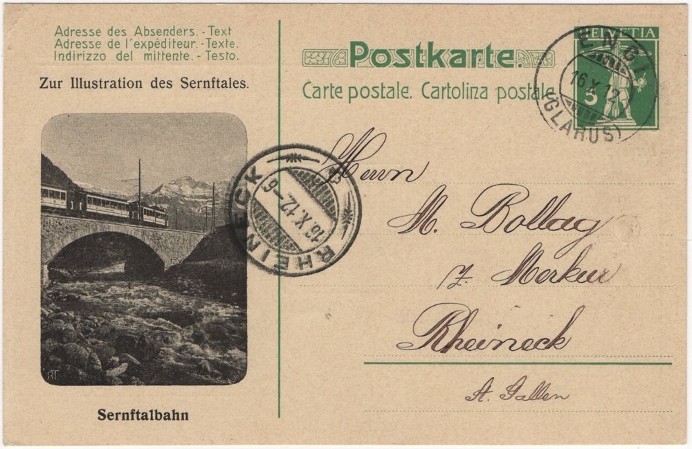 5 Rp. Tellknabe Postkarte mit Privatzudruck der SERNFTALBAHN (Gebraucht) in Eglisau für CHF 59 ...