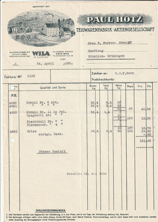 Rechnung Wila 1950 Teigwarenfabrik Paul Hotz (Gebraucht) in Rorschacherberg für CHF 8 – mit ...