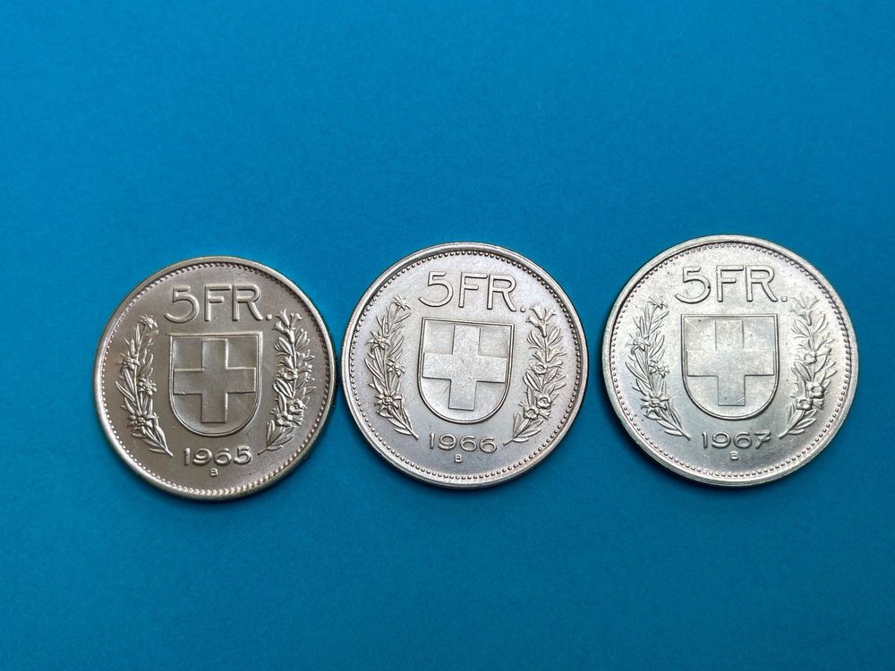 3 Stück Silbermünzen 5 Fr. 1965, 1966, 1967 (Fünfliber) (Gebraucht) in Buonas für CHF 25 – mit ...