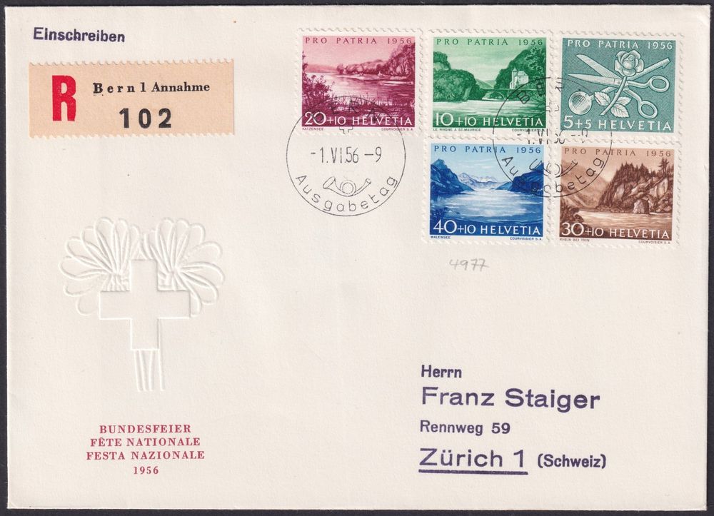 1956, B76-B80 Pro Patria FDC mit ET-Stempel, SBK: 75.- (Gebraucht) in Sursee für CHF 20 – mit ...