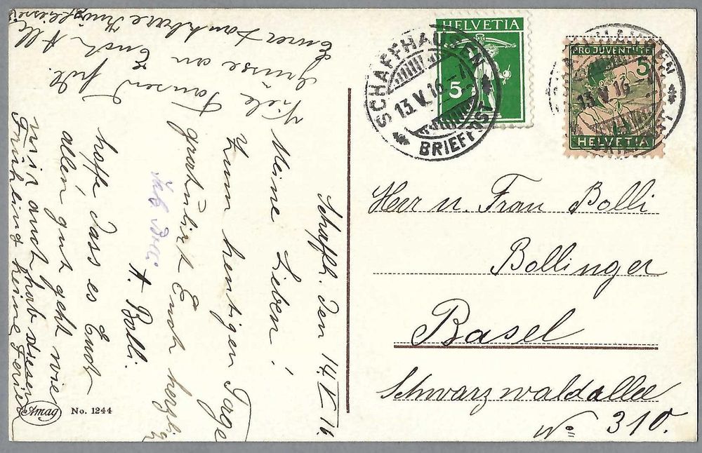 1916: APPENZELLER KNABE + 5 RP. TELL, 0 SCHAFFHAUSEN 13.V.16 | Kaufen auf Ricardo