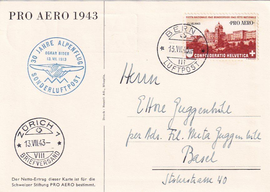 Pro-Aero (30 Jahre Alpenflug O.Bider) Bern-Zürich 1943 | Kaufen auf Ricardo
