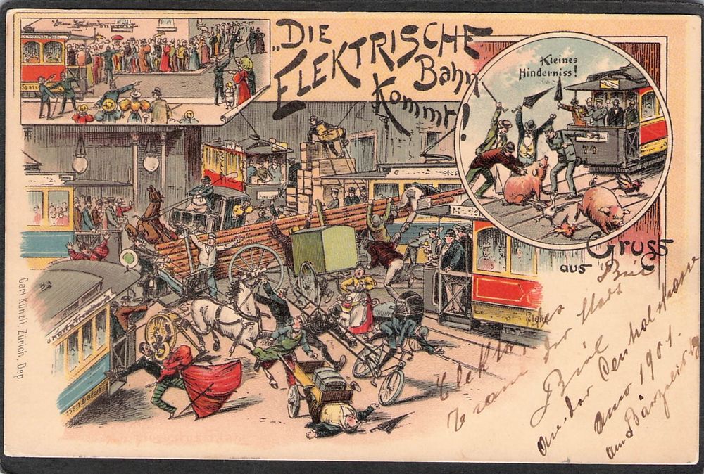 #Die Elektrische Bahn kommt !gel. 1900 ,Rare Künstlerkarte ! | Kaufen auf Ricardo