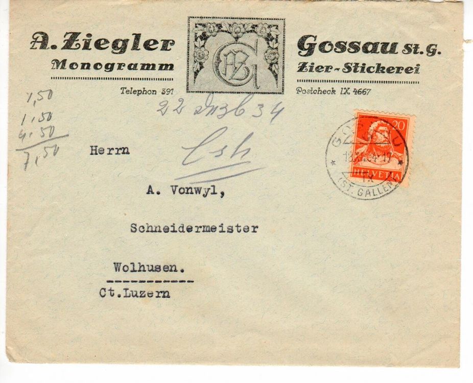 Brief, A. Ziegler Zier - Stickerei Gossau (Gebraucht) in Wolhusen für ...