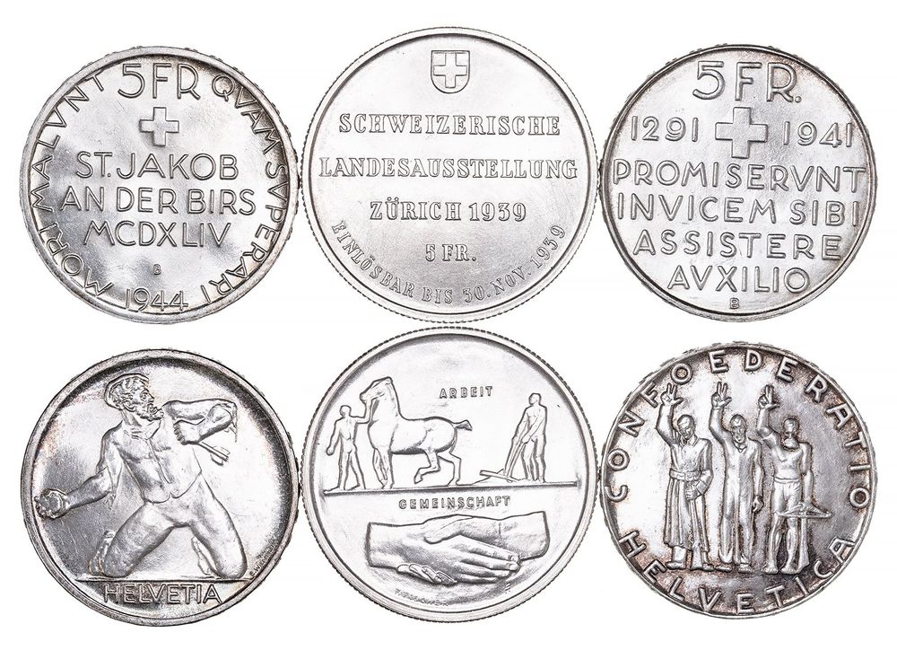 5 Franken Gedenkmünzen Lot 1939-1944 (unzirkuliert) (Neu (gemäss Beschreibung)) in Kollbrunn für ...