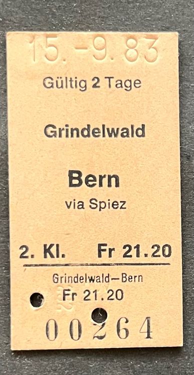 Grindelwald Bern via Spiez/ Billett 1983 (Gebraucht) in Wabern für CHF 2 – mit Lieferung auf ...