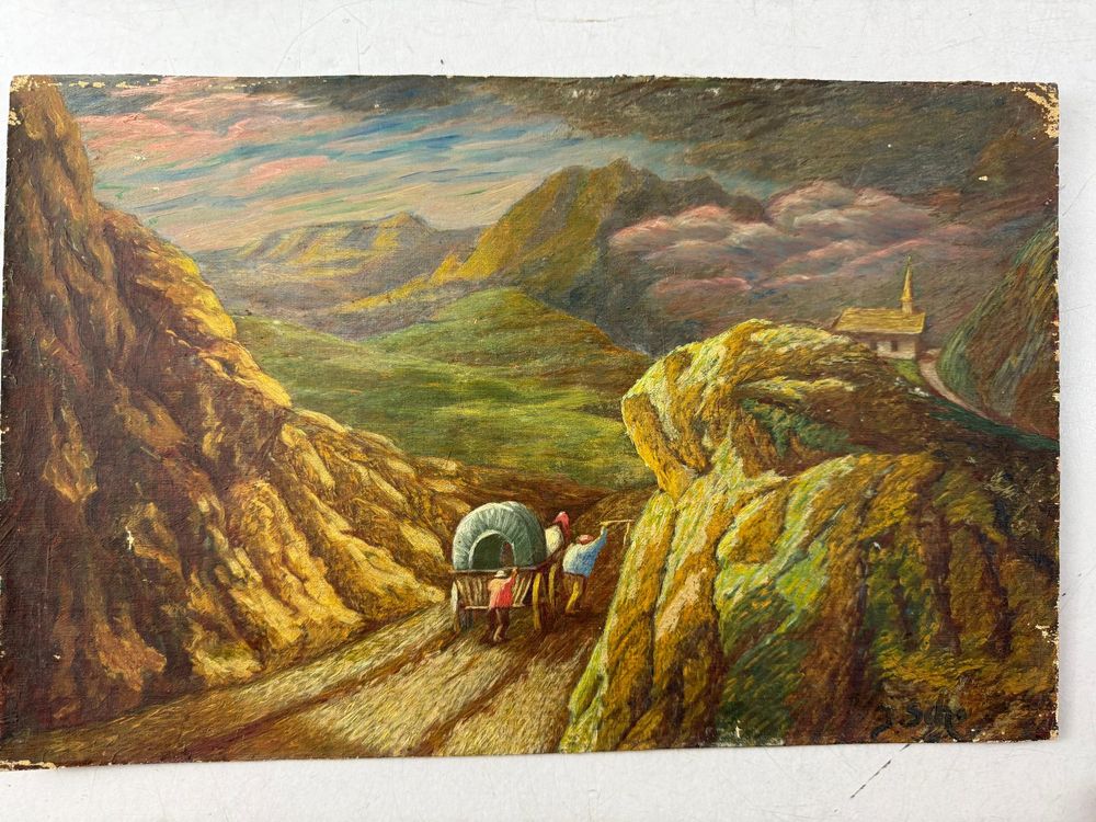 Landschaft mit Fuhrwerk und Bergen Gemälde signiert | Kaufen auf Ricardo