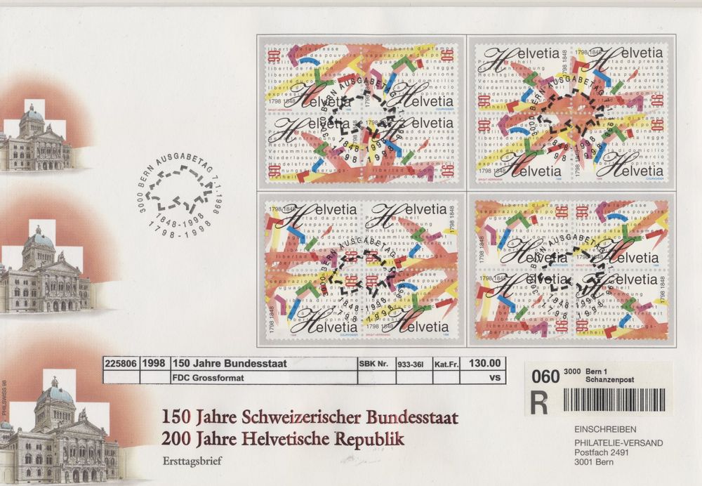 1998 "150 Jahre Bundesstaat" - Zusammendruckpaare, FDC (Gebraucht) in Winterthur für CHF 25 ...