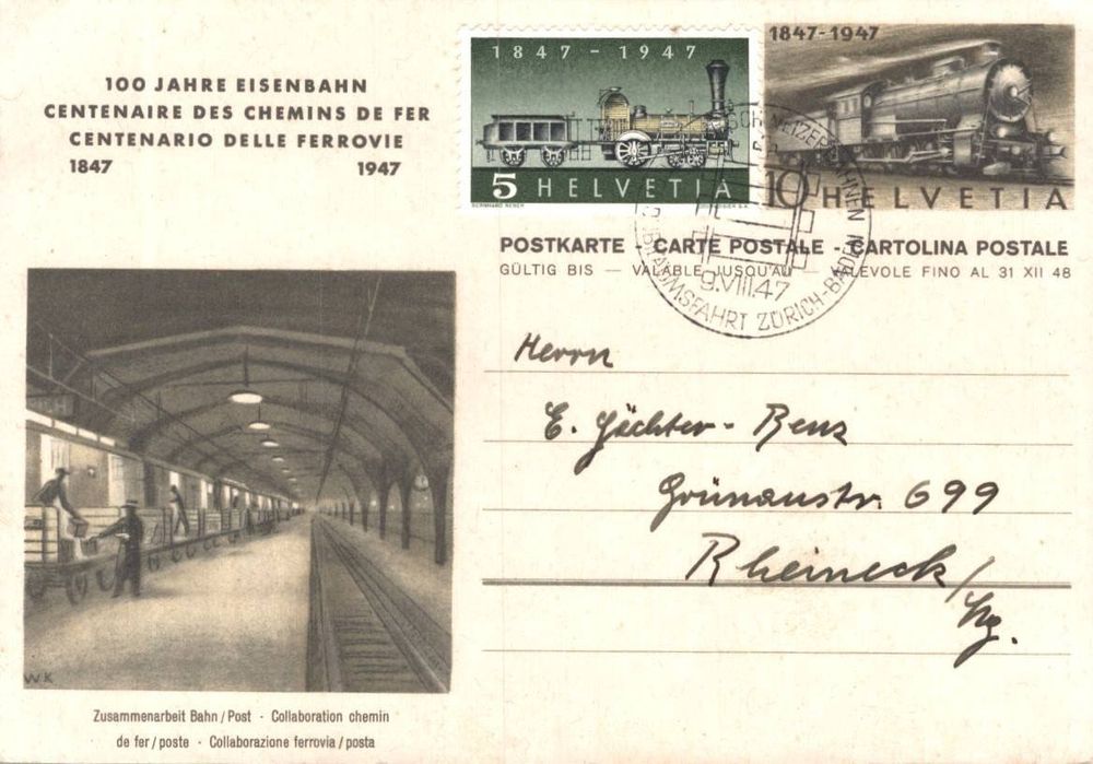 100 Jahre Schweizer Eisenbahn, gel. 1947, Sonderstempel (Gebraucht) in Luzern für CHF 4 – mit ...