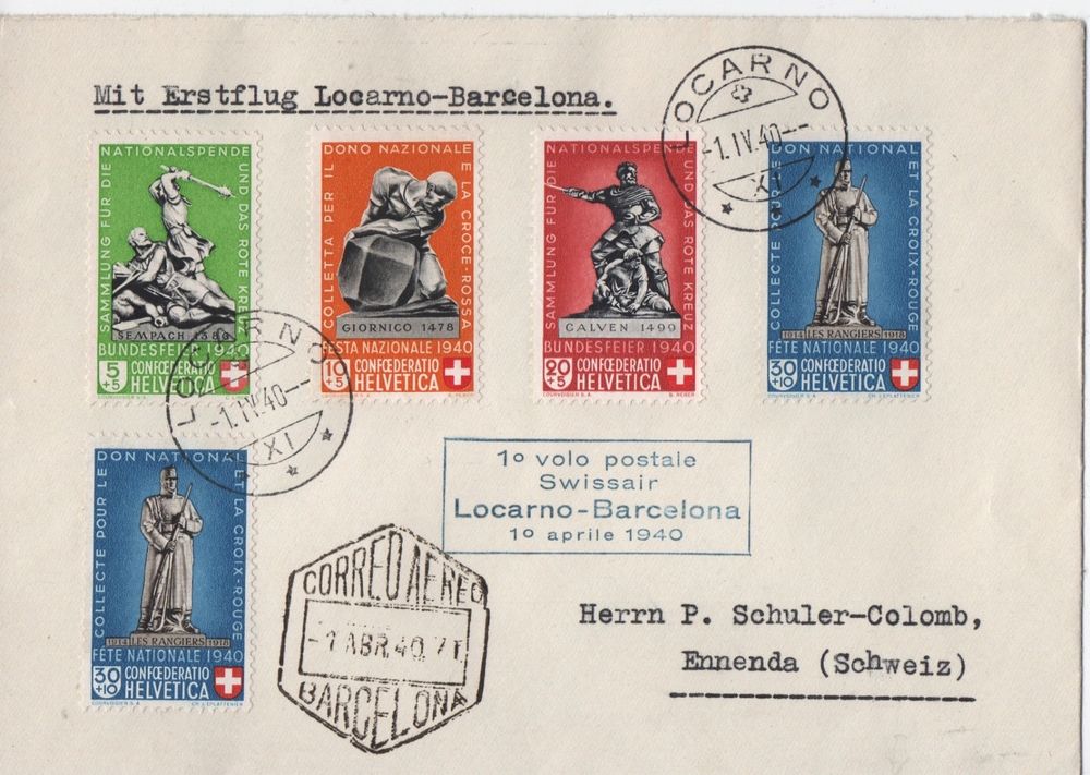 Satzbrief Bundesfeier B3-6, Erstflug Locarno-Barcelona, 1940 | Kaufen auf Ricardo