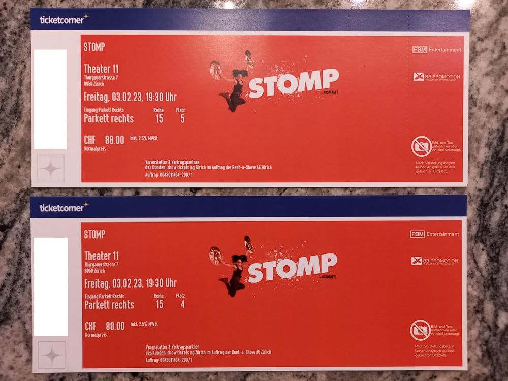 2 Tickets für das Musical STOMP im Theater 11 Zürich (Gebraucht) in ...