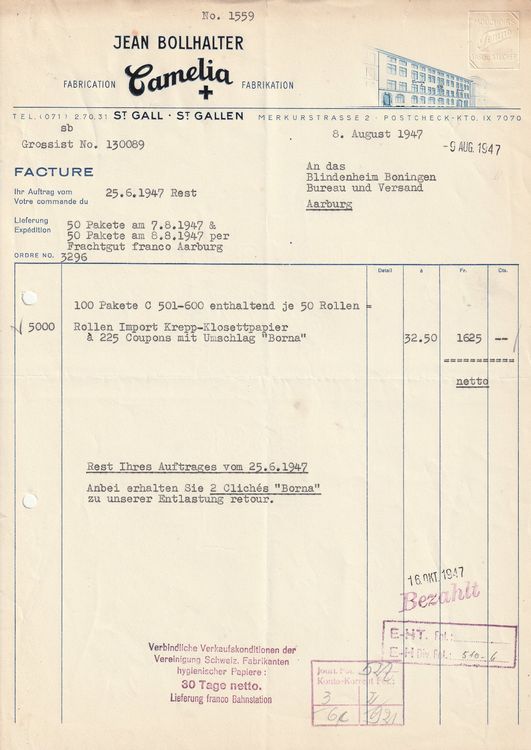 Rechnung St. Gallen 1947 Camelia Jean Bollhalter (Gebraucht) in ...